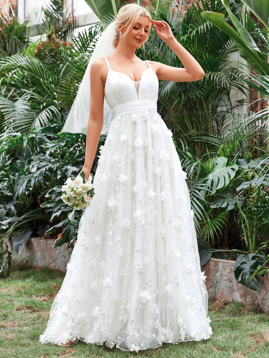Appliques Mesh Overlay Cami Wedding Dress Without Veil Shein Usa