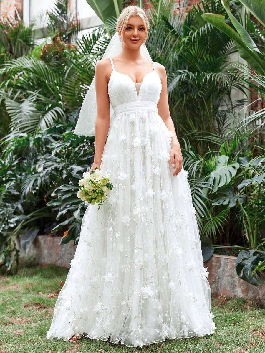 Appliques Mesh Overlay Cami Wedding Dress Without Veil | SHEIN USA