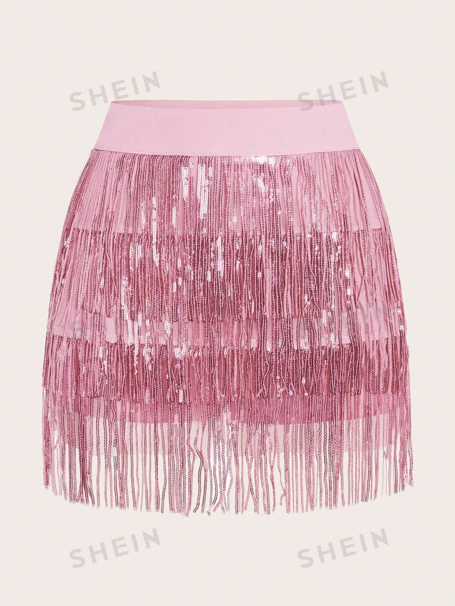 SHEIN ICON Falda Rosa Con Lentejuelas Y Flecos En El Dobladillo | Moda ...