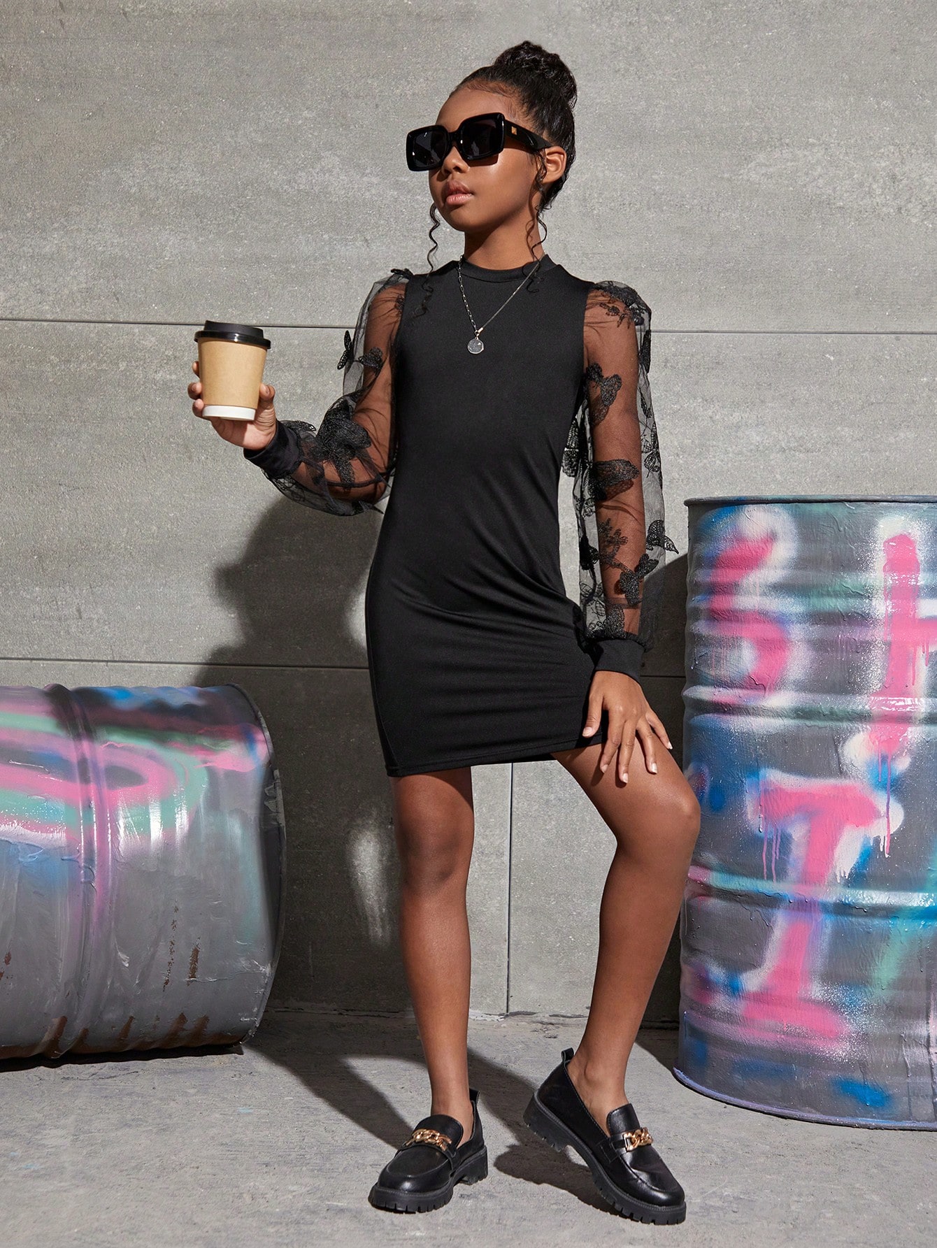 SHEIN Chica preadolescente Vestido ajustado de malla con bordado en ...