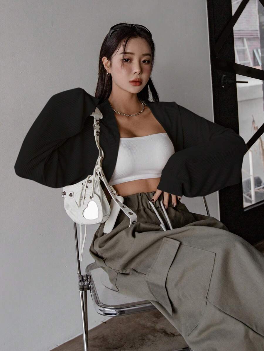 DAZY Solid Open Front Crop Top,Fall Clothes Long Sleeve Women Tops ...