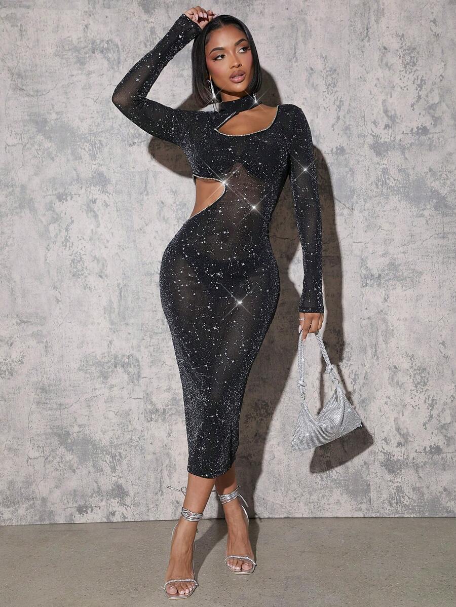 Asavvy Rhinestone Cut Out Glitter Star Dress | SHEIN USA