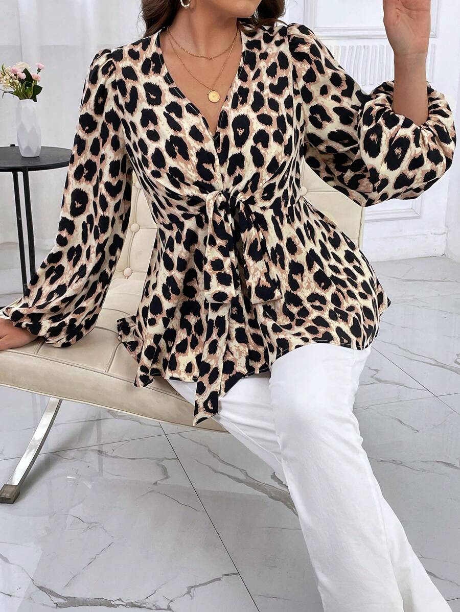 SHEIN Privé Plus Leopard Print Lantern Sleeve Knot Front Peplum Blouse ...