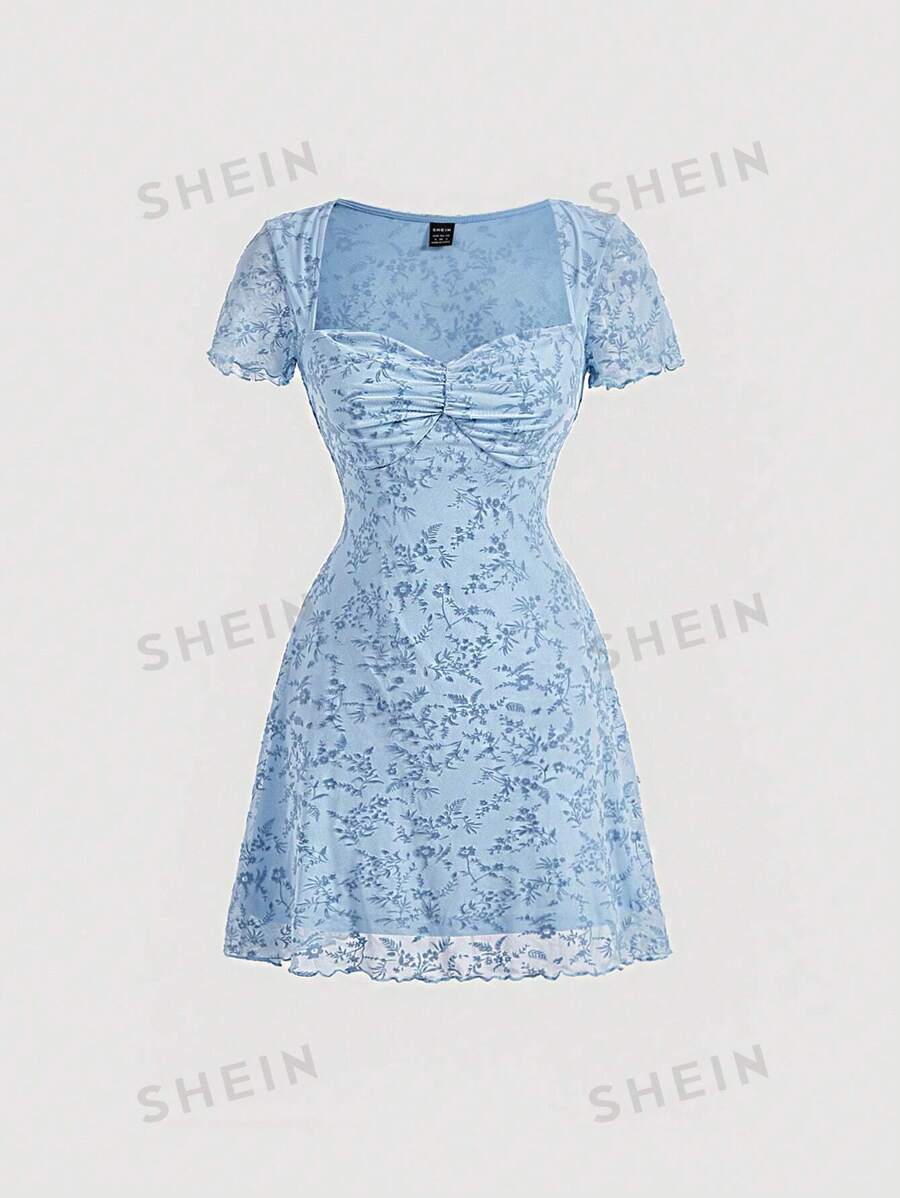 SHEIN MOD Floral Print Ruched Bust Palace Square Collar Flocking Blue ...
