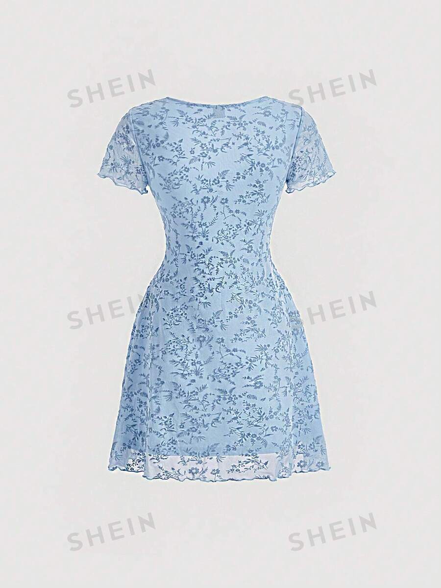 SHEIN MOD Floral Print Ruched Bust Palace Square Collar Flocking Blue ...