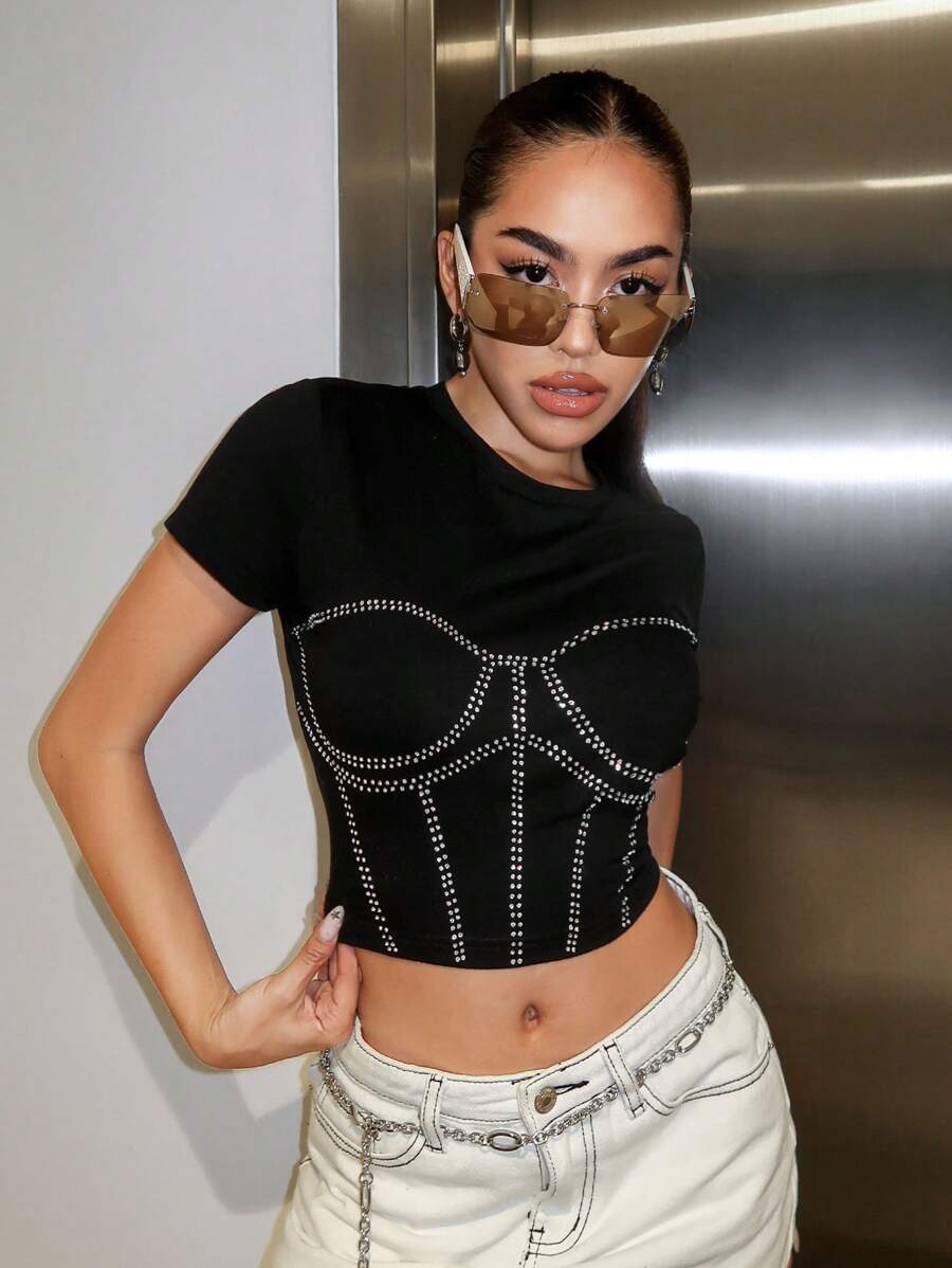 SHEIN ICON Rhinestone Detail Crop Tee | SHEIN USA