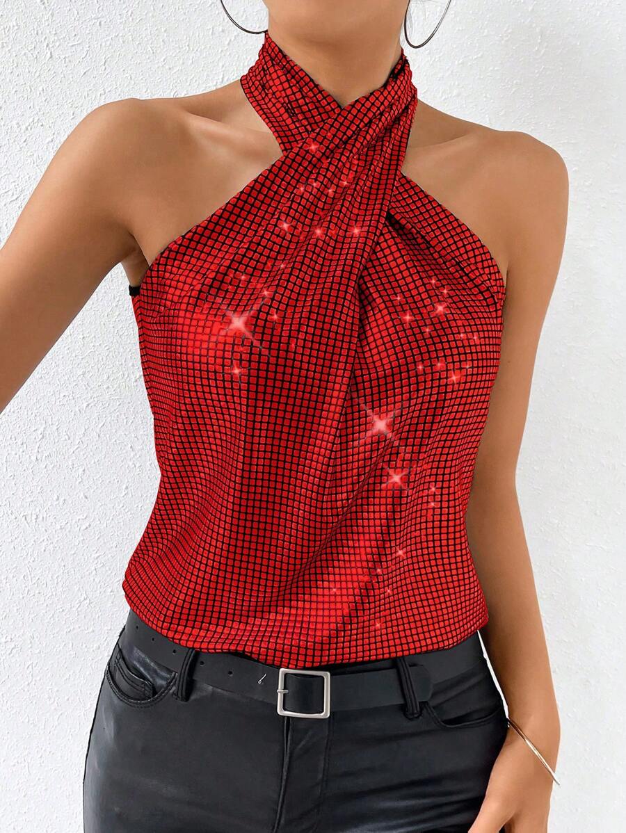 Allurite Colorblock Criss Cross Halter Top Graphic Tees Women Tops ...