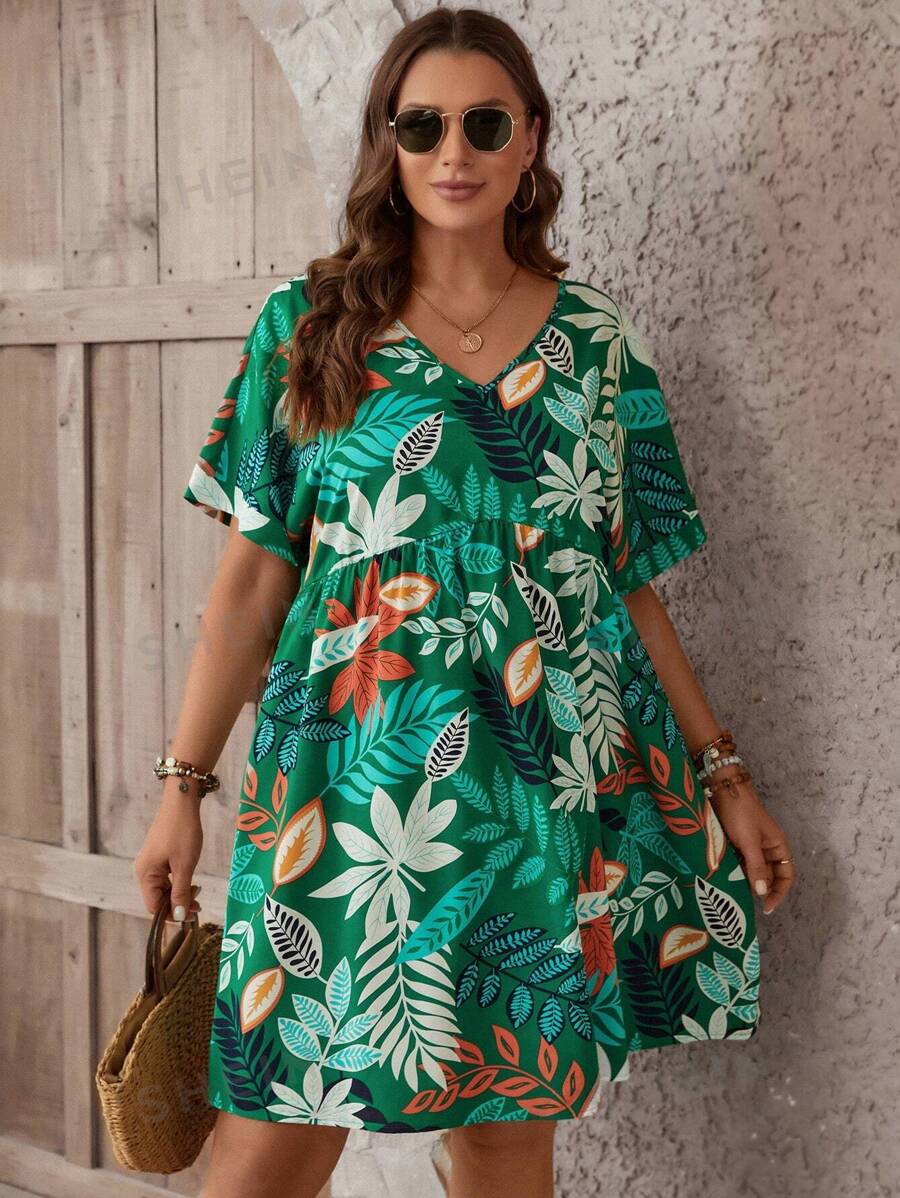 SHEIN LUNE Plus Size Green Casual Mother Day Dress With Plant And ...