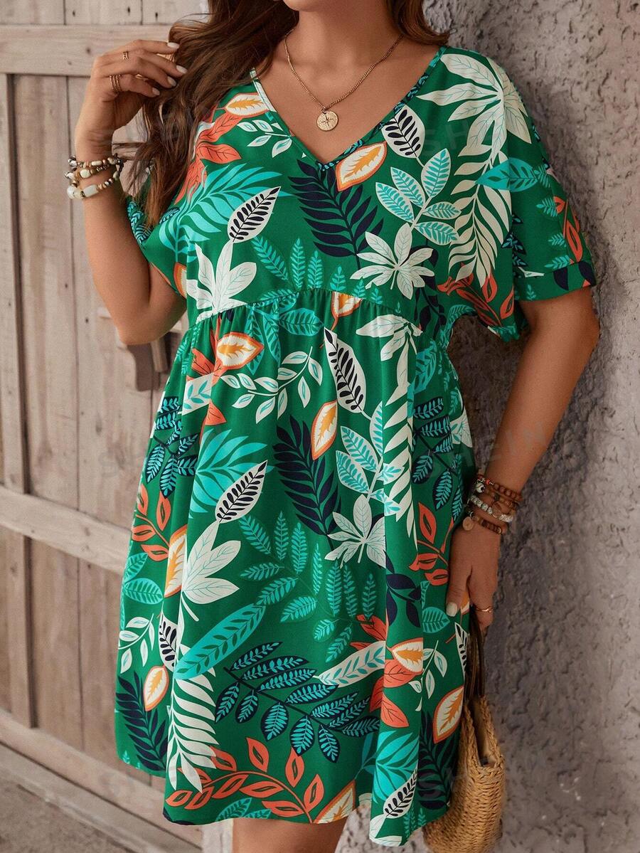 SHEIN LUNE Plus Size Green Casual Mother Day Dress With Plant And ...