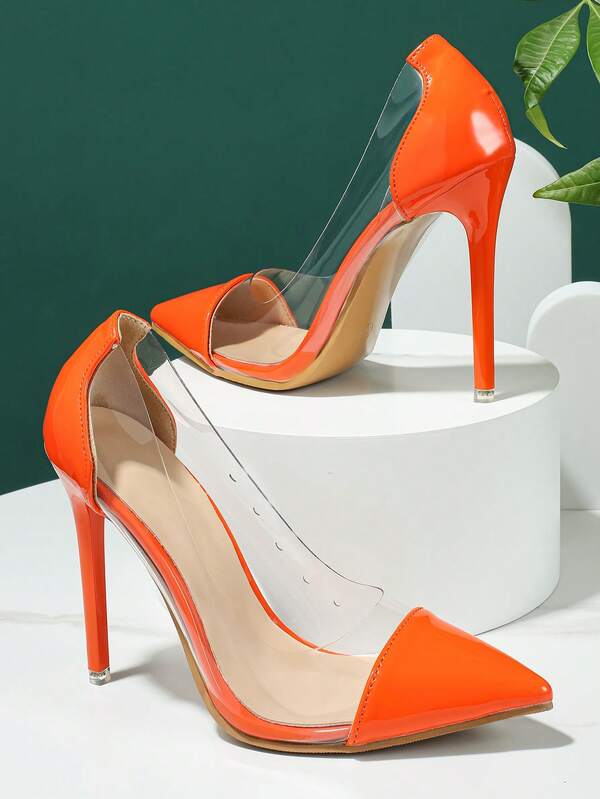 Women Clear Panel Point Toe Stiletto Heeled Pumps, Funky Neon-orange ...