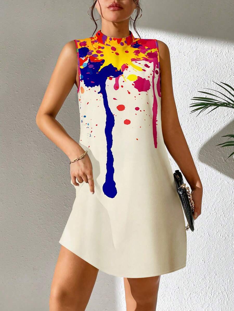 SHEIN LUNE Splash Ink Print Mock Neck Dress | SHEIN USA