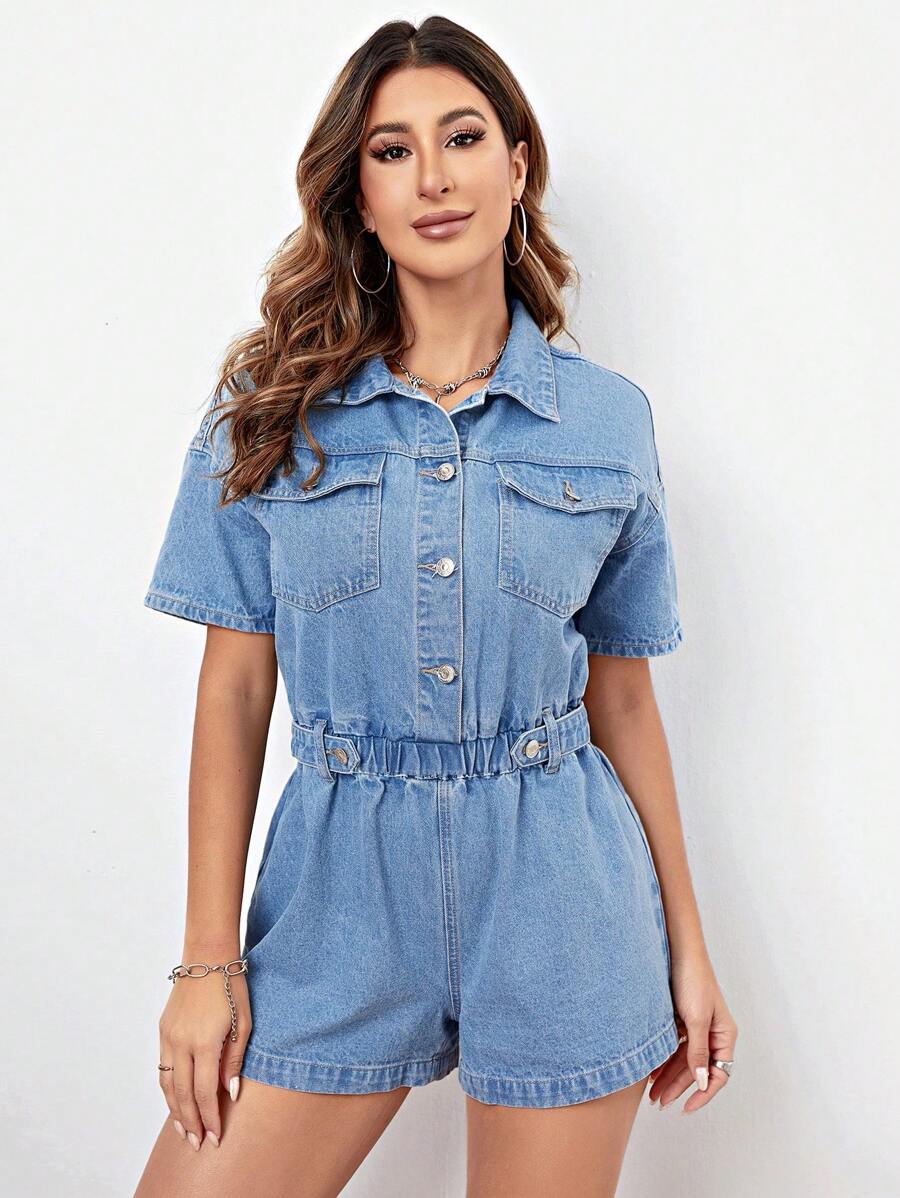 SHEIN Essnce Flap Pocket Drop Shoulder Denim Romper | SHEIN USA