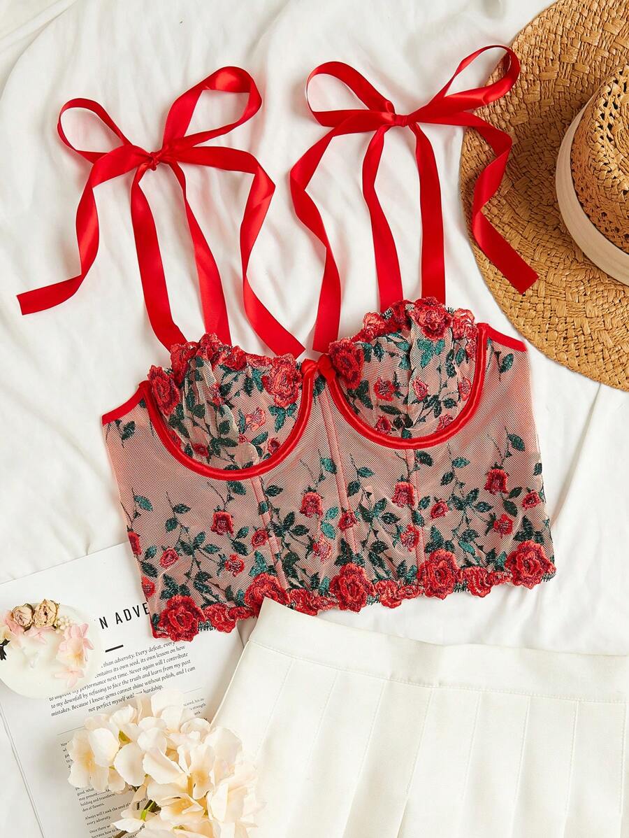 Floral Embroidery Mesh Underwire Bra Lingerie | SHEIN USA