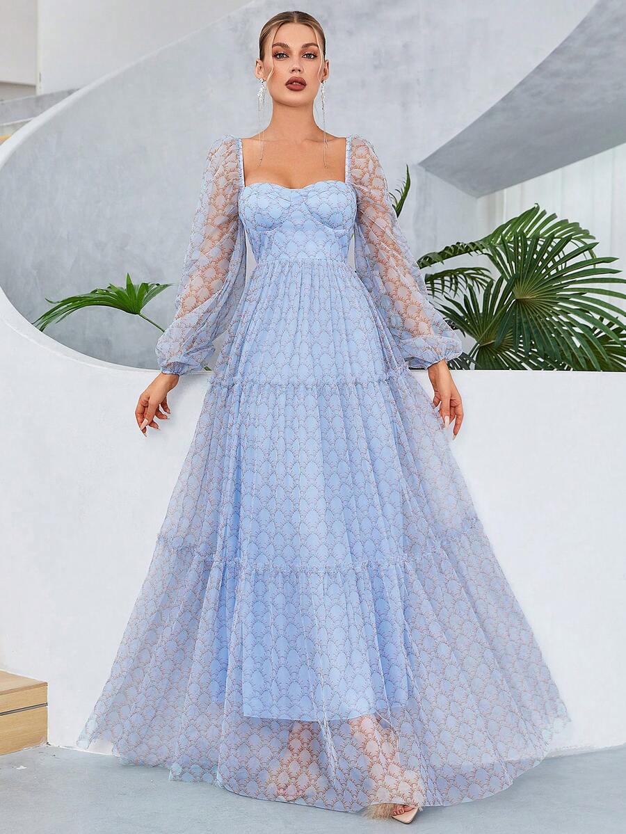 Gola Sweetheart Manga Lanterna Bainha Com Babado Malha Vestido | SHEIN Brasil