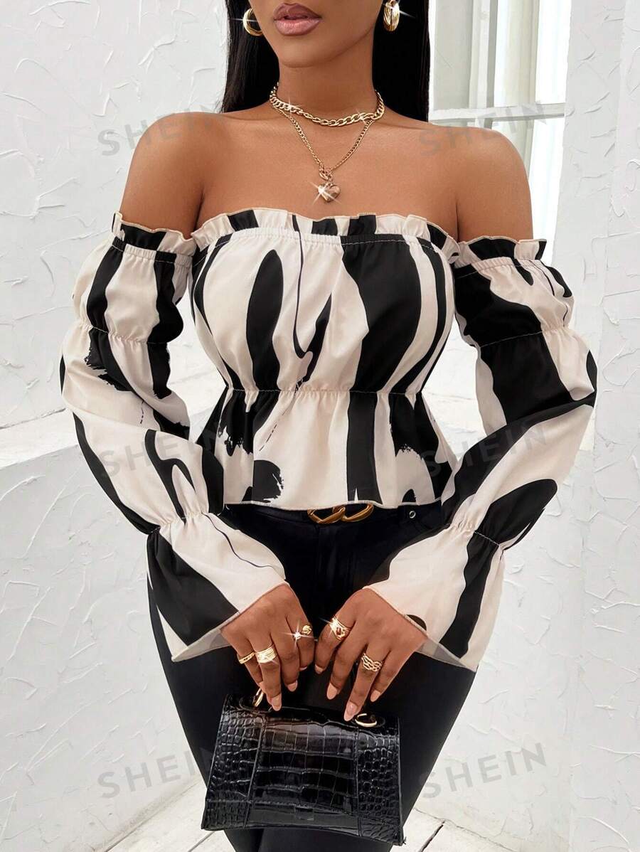 Shein Slayr Colorblock Off Shoulder Flounce Sleeve Peplum Blouse