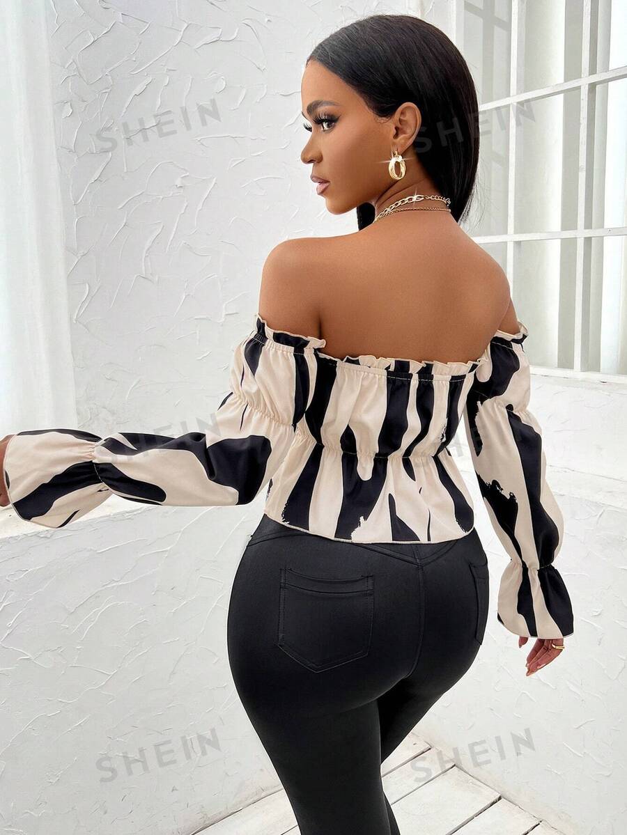 Shein Slayr Colorblock Off Shoulder Flounce Sleeve Peplum Blouse