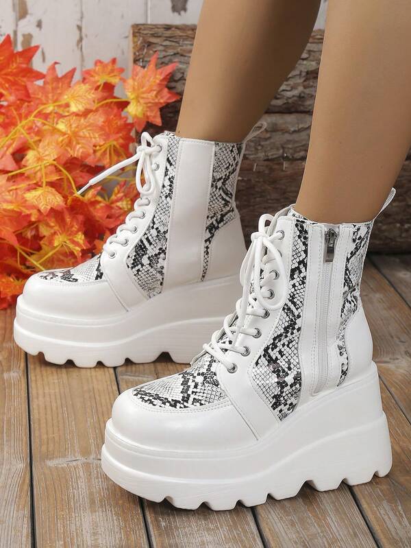 Laser Multicolor Snake Print Wedge Heel Platform Boots | SHEIN USA