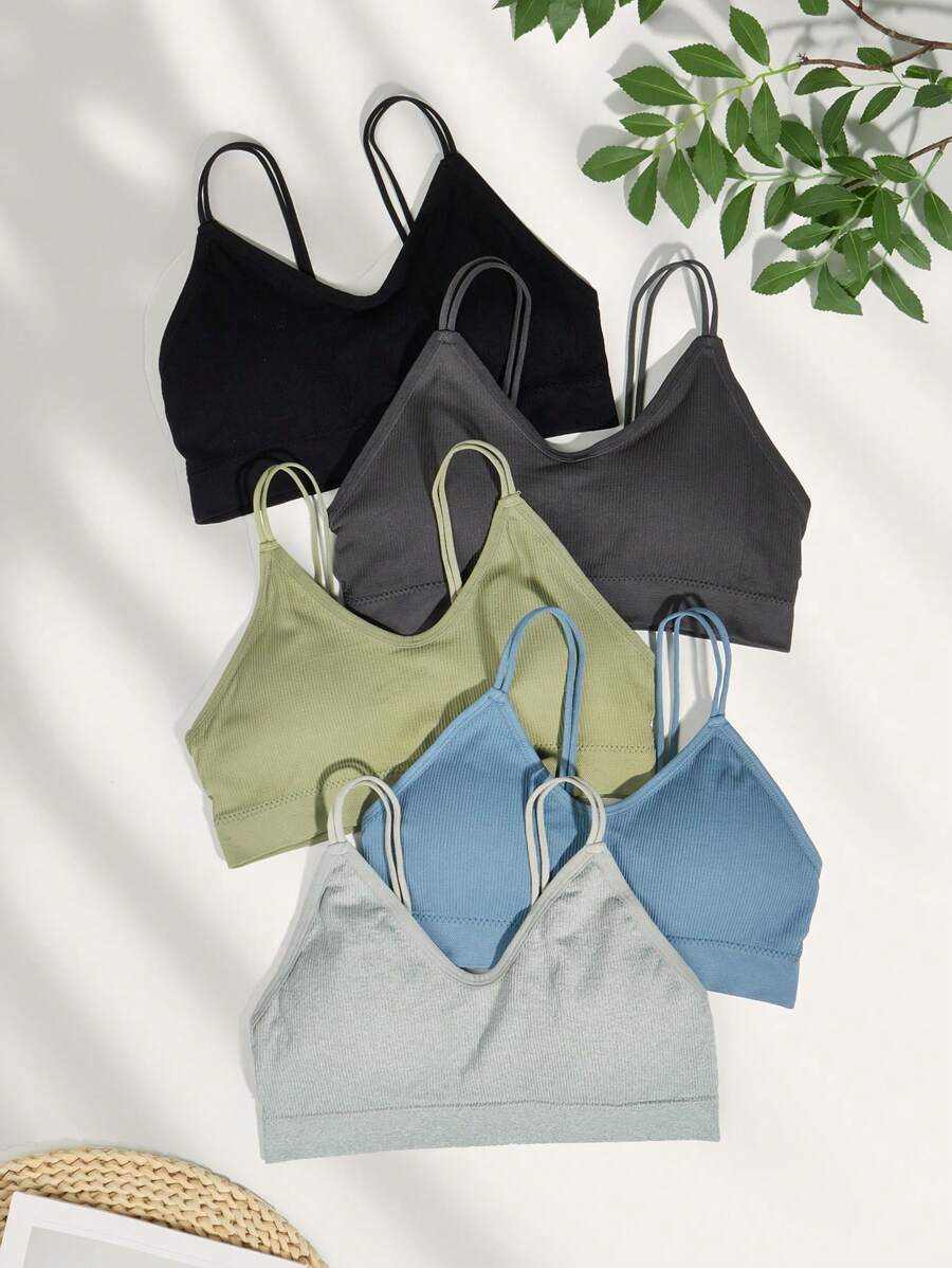 5pcs Solid Ribbed Knit Bra | SHEIN USA