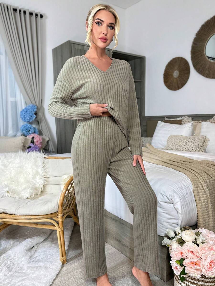 Drop Shoulder Ribbed Knit Lounge Set | SHEIN USA