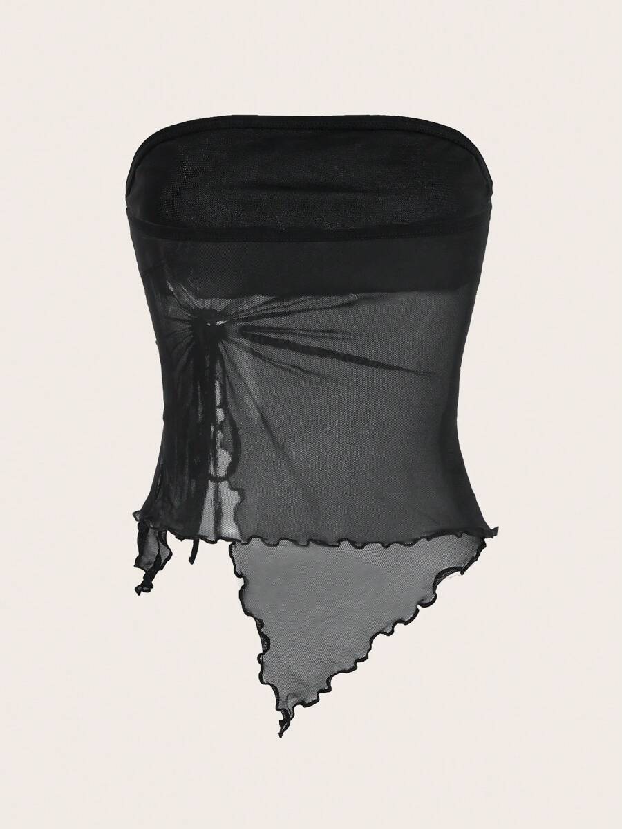 SHEIN ICON Lettuce Trim Drawstring Side Asymmetrical Hem Mesh Tube ...