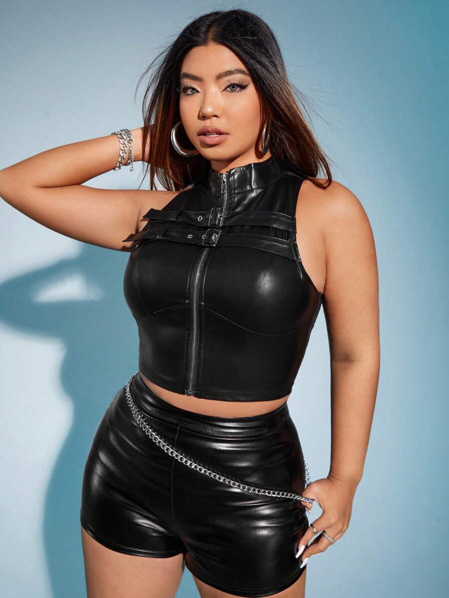 SHEIN ICON Plus Zip Up PU Tank Top | SHEIN USA