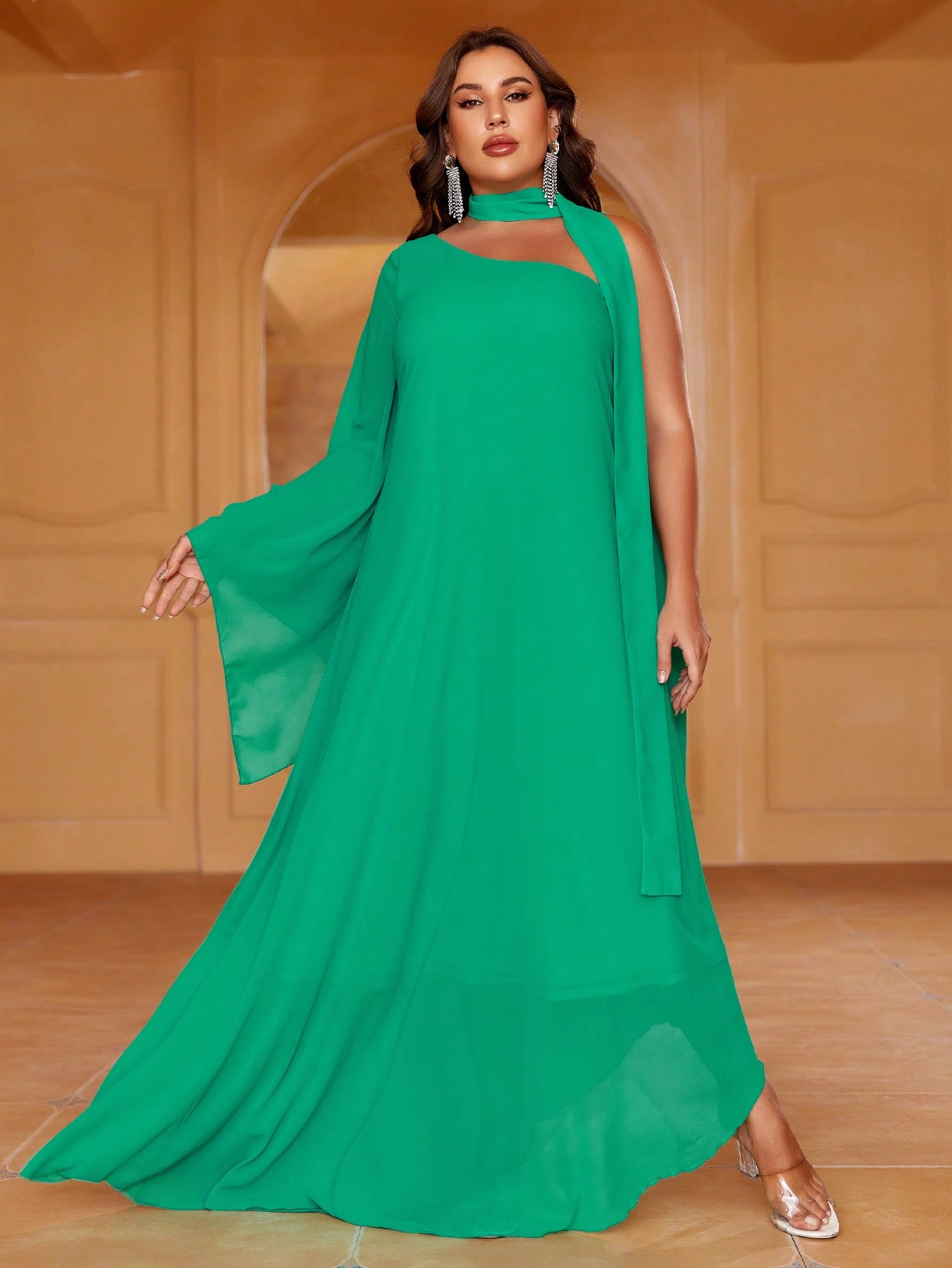 Plus One Shoulder Cloak Sleeve Draped Detail Chiffon Dress | SHEIN USA