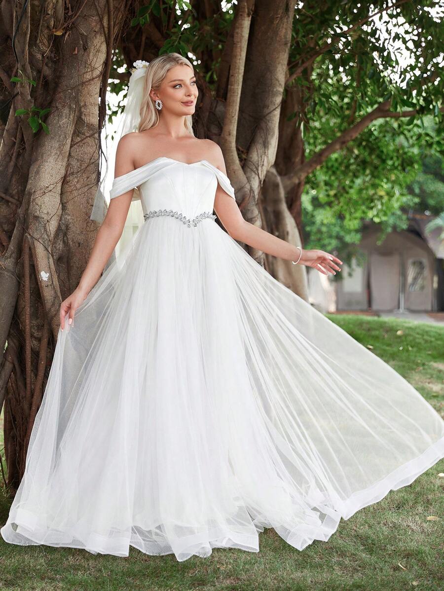 Off Shoulder Rhinestone Decor Mesh Wedding Dress Without Veil | SHEIN USA