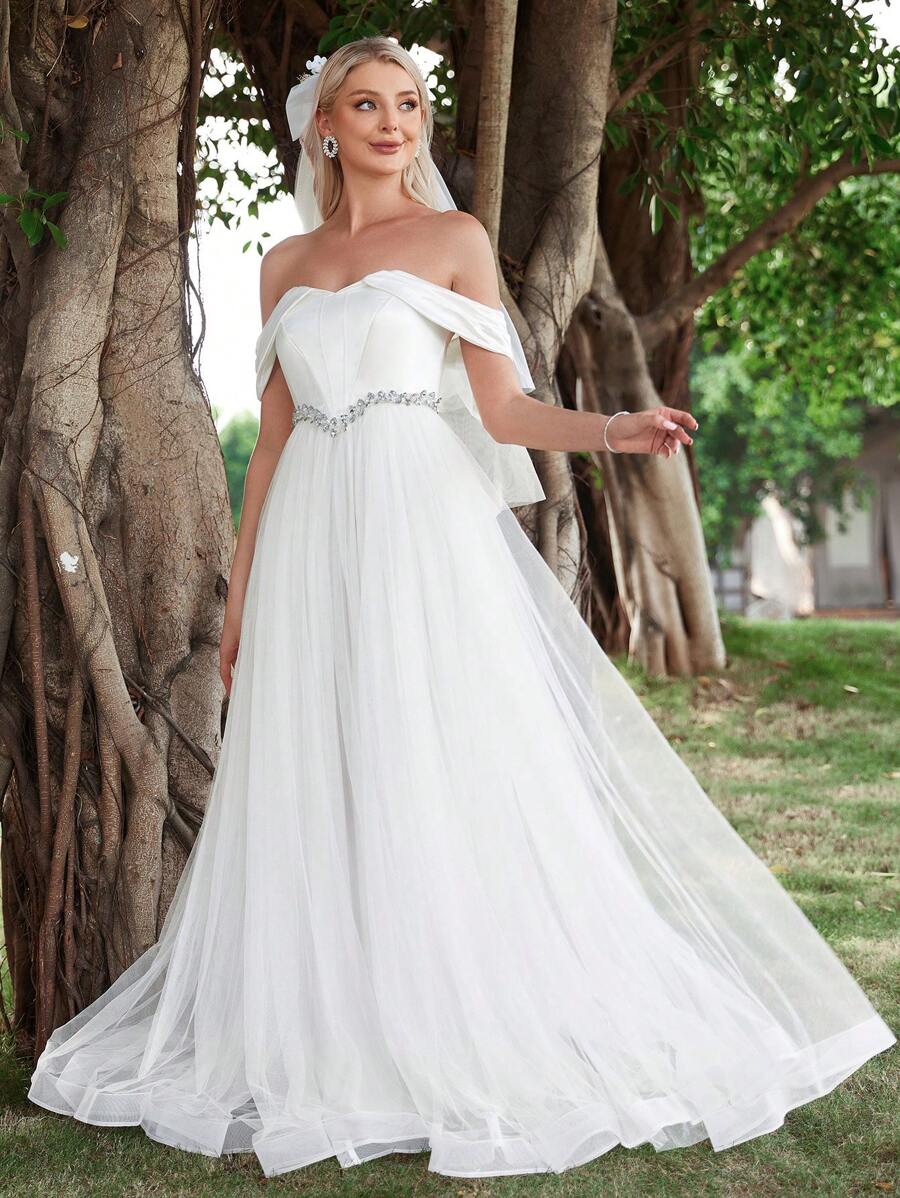 Off Shoulder Rhinestone Decor Mesh Wedding Dress Without Veil | SHEIN USA
