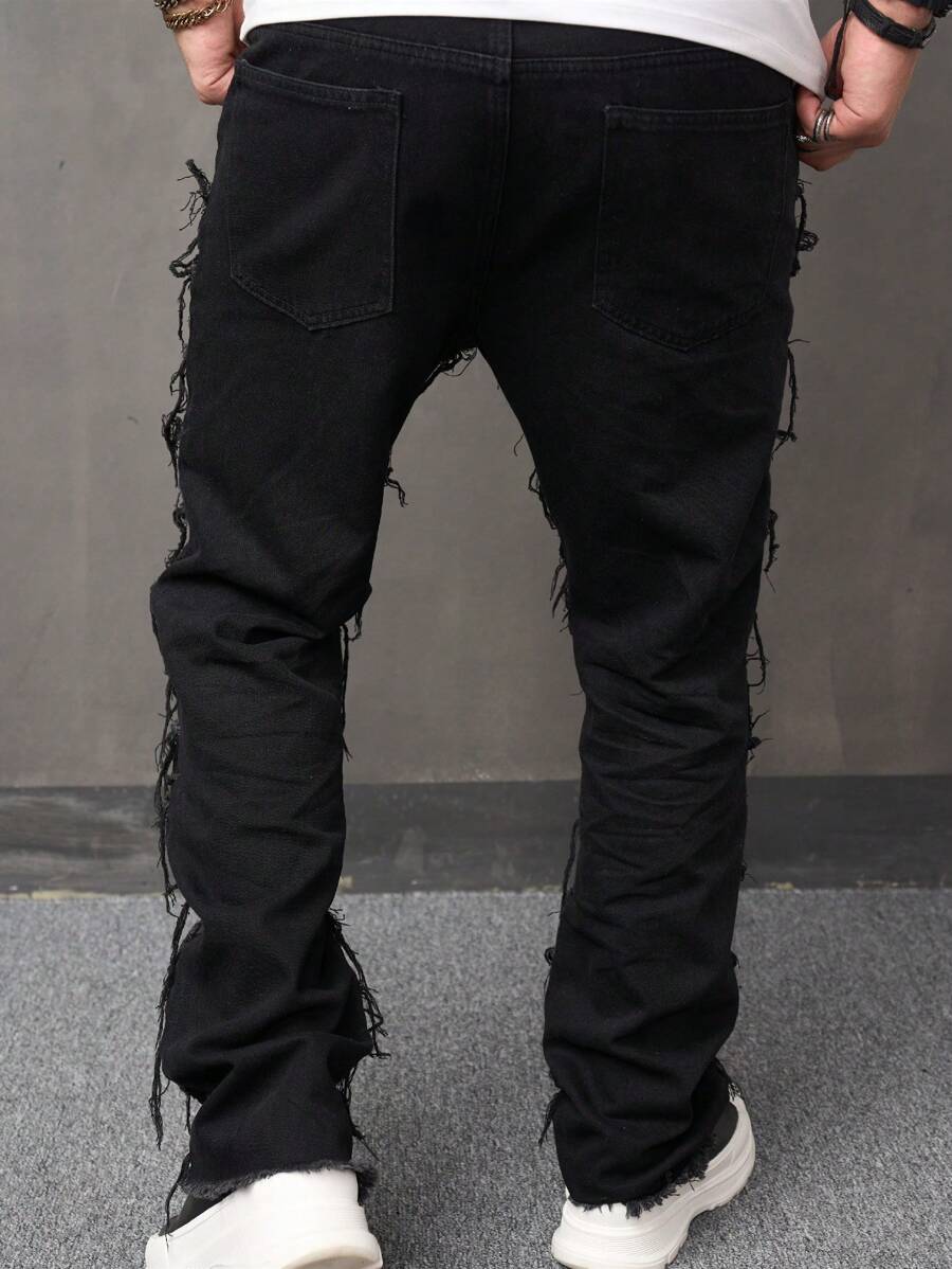 Manfinity StreetEZ Men Solid Raw Trimmed Jeans, Plain Long Straight Leg ...