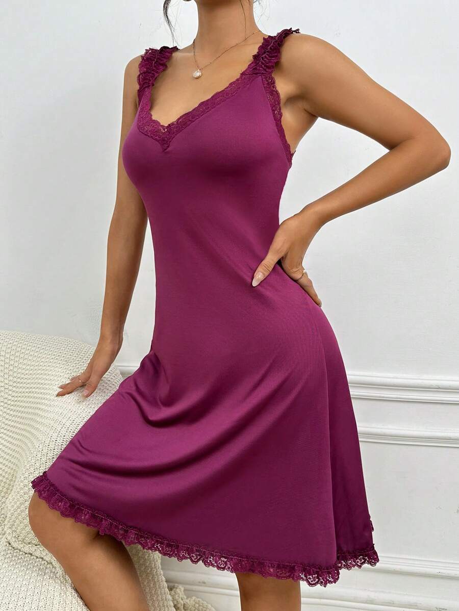 Contrast Lace Frill Trim Split Back Pajama Nightdress | SHEIN South Africa