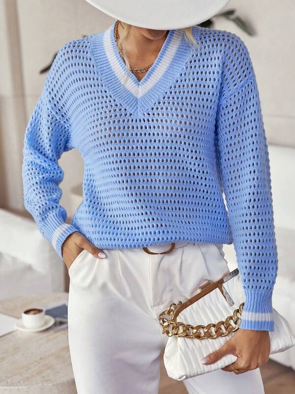 SHEIN LUNE Jersey ribete de rayas de hombros caídos de punto de malla ...