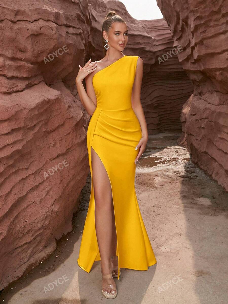 ADYCE One Shoulder Formal High Waist Ruched Split Thigh Cocktail Party Bodycon Dress For ...