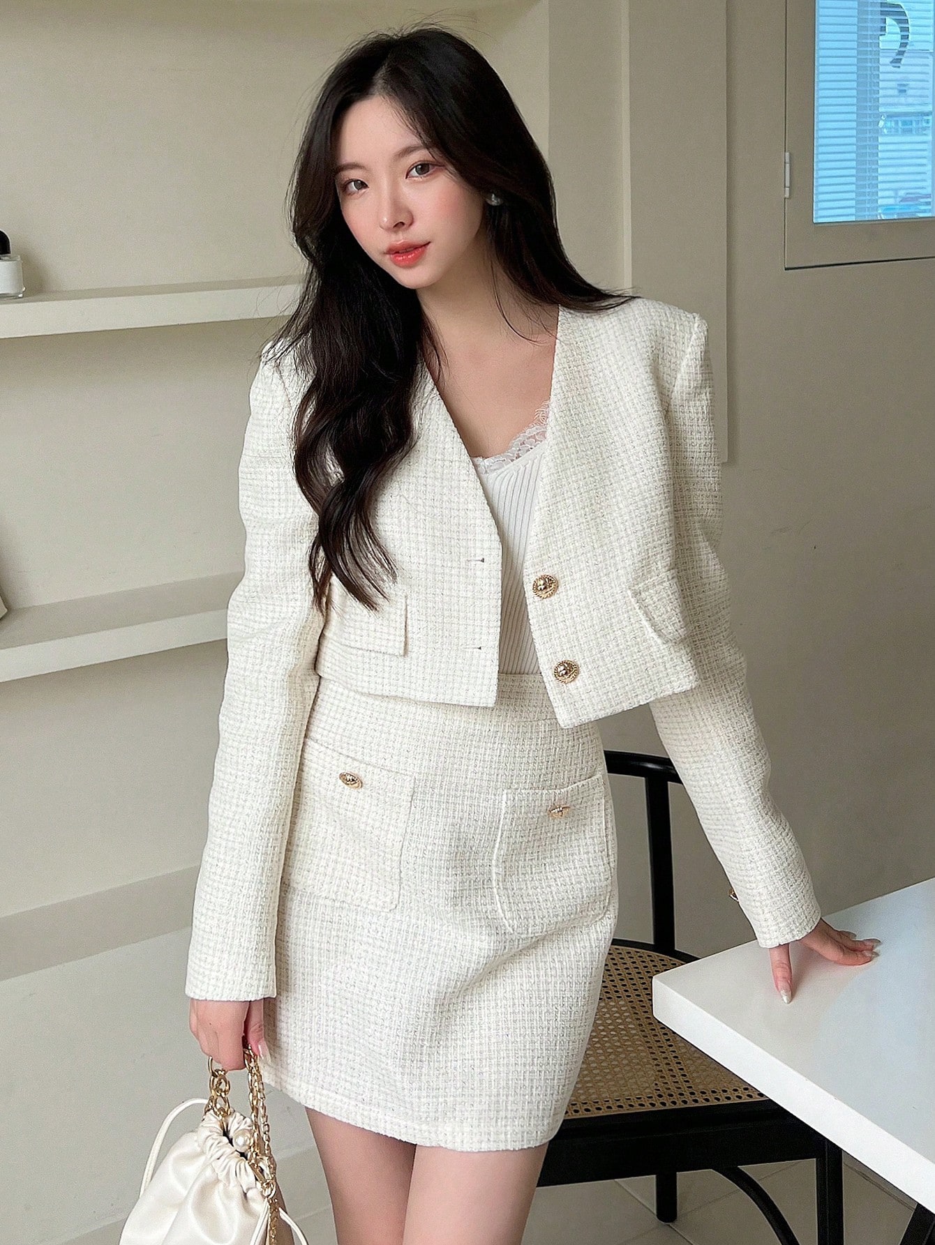 Sheinneu Solid Button Front Crop Jacket And Skirt Without Cami Top