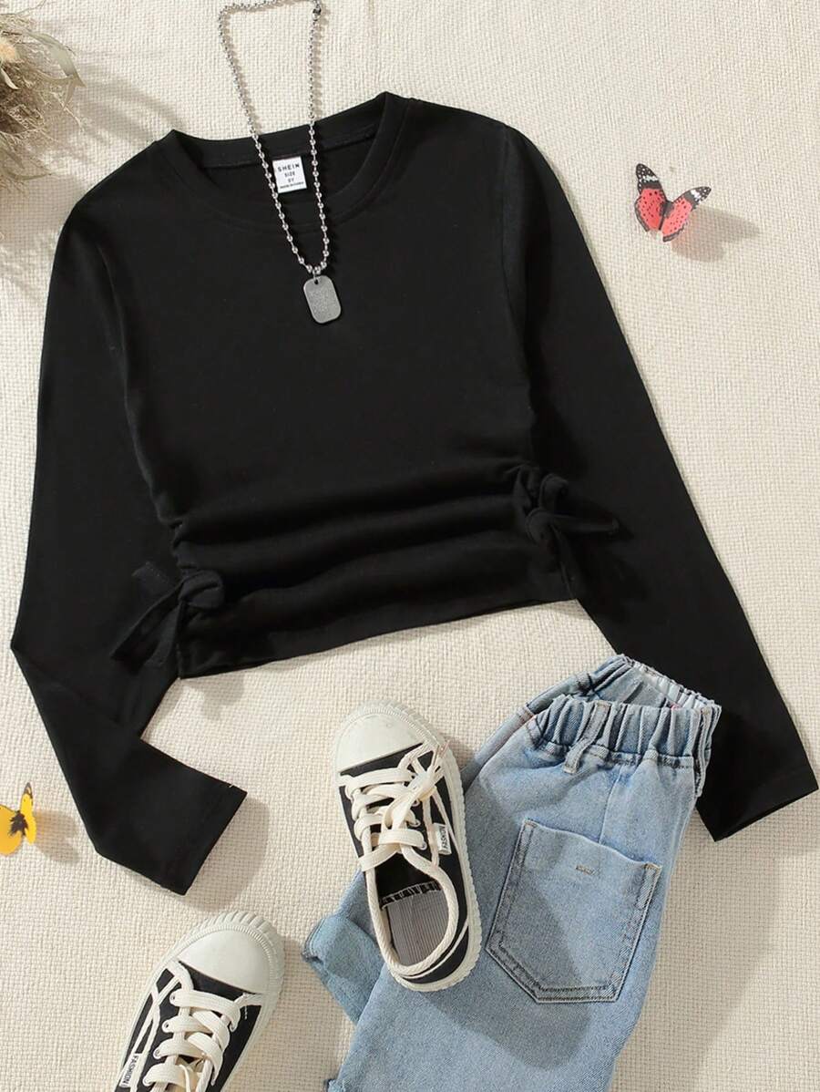 SHEIN Tween Girl Solid Drawstring Ruched Knot Side Tee | SHEIN USA