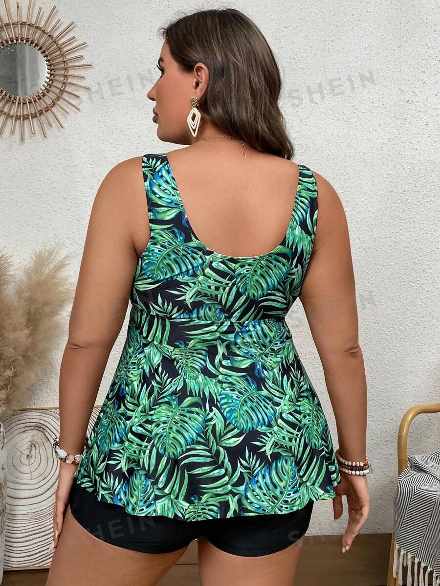 Shein Swim Lushore Summer Beach Plus Tropical Print Drawstring Front