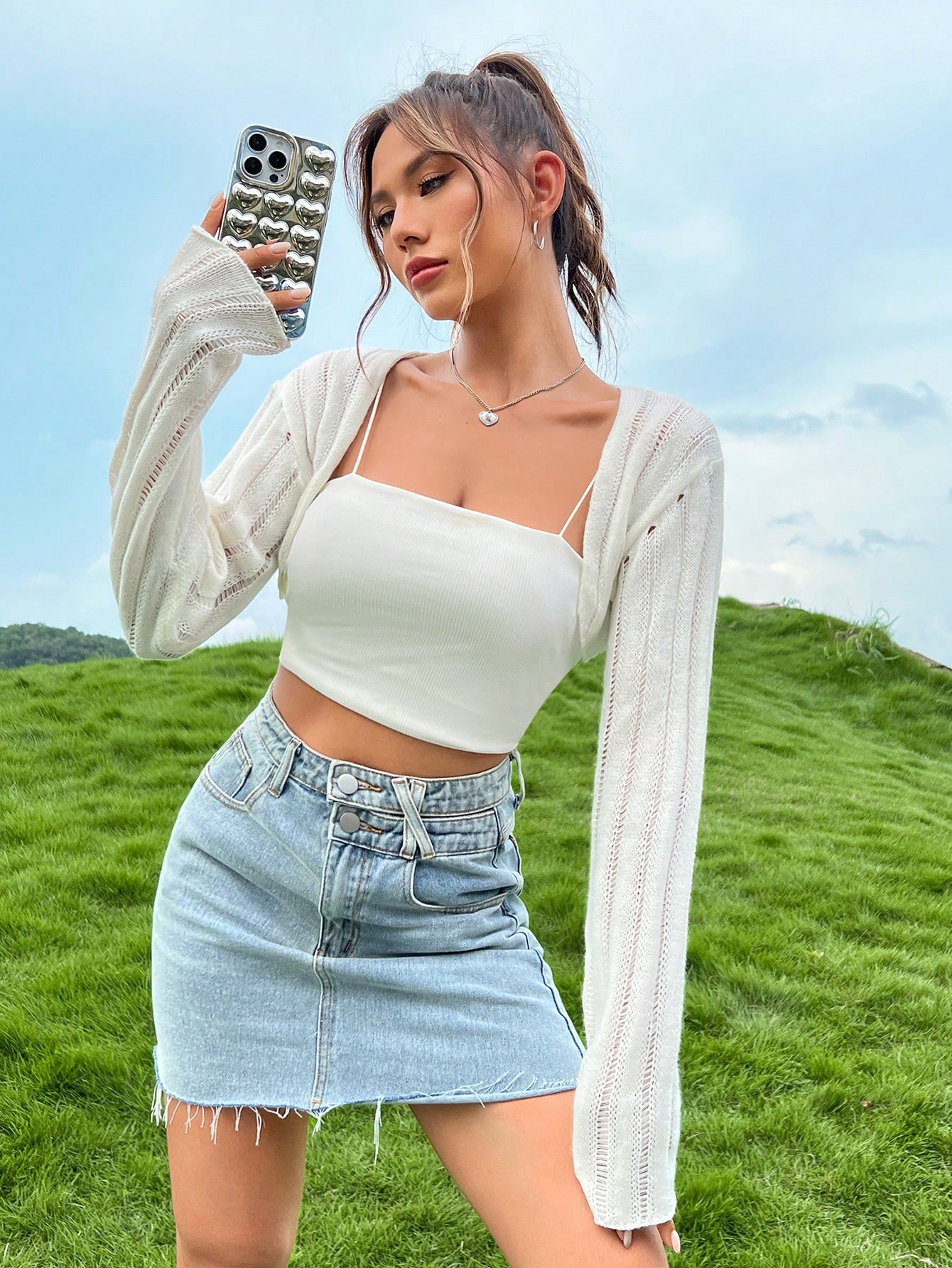 SHEIN Qutie Solid Crop Cardigan Without Cami Top | SHEIN UK