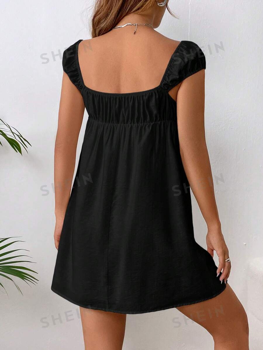 Shein Ezwear Solid Ruched Bust Tie Front Dress | Shein Usa