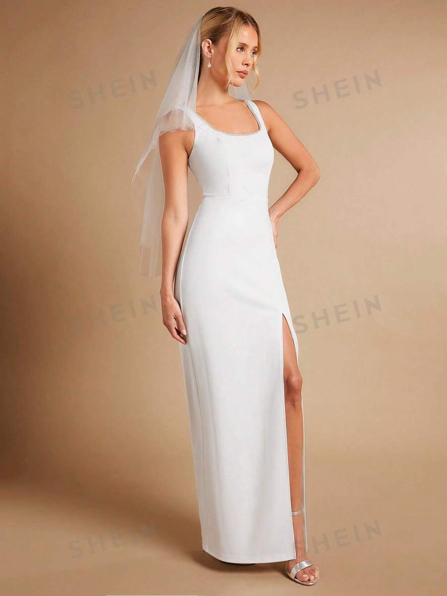 SHEIN Belle Split Thigh Satin Wedding Dress Without Veil for Sale ...