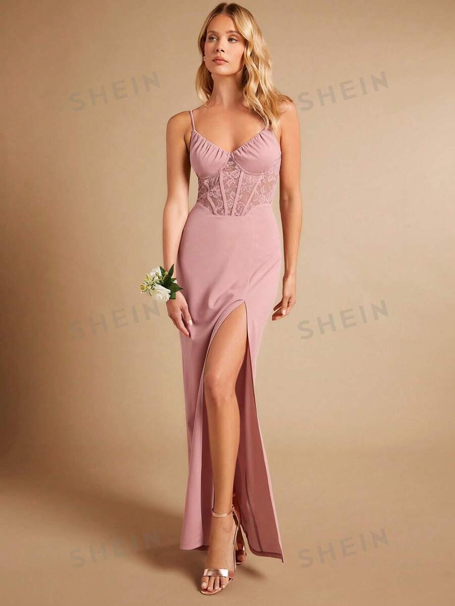 Shein Belle Contrast Lace Split Thigh Cami Bridesmaid Dress Shein Usa
