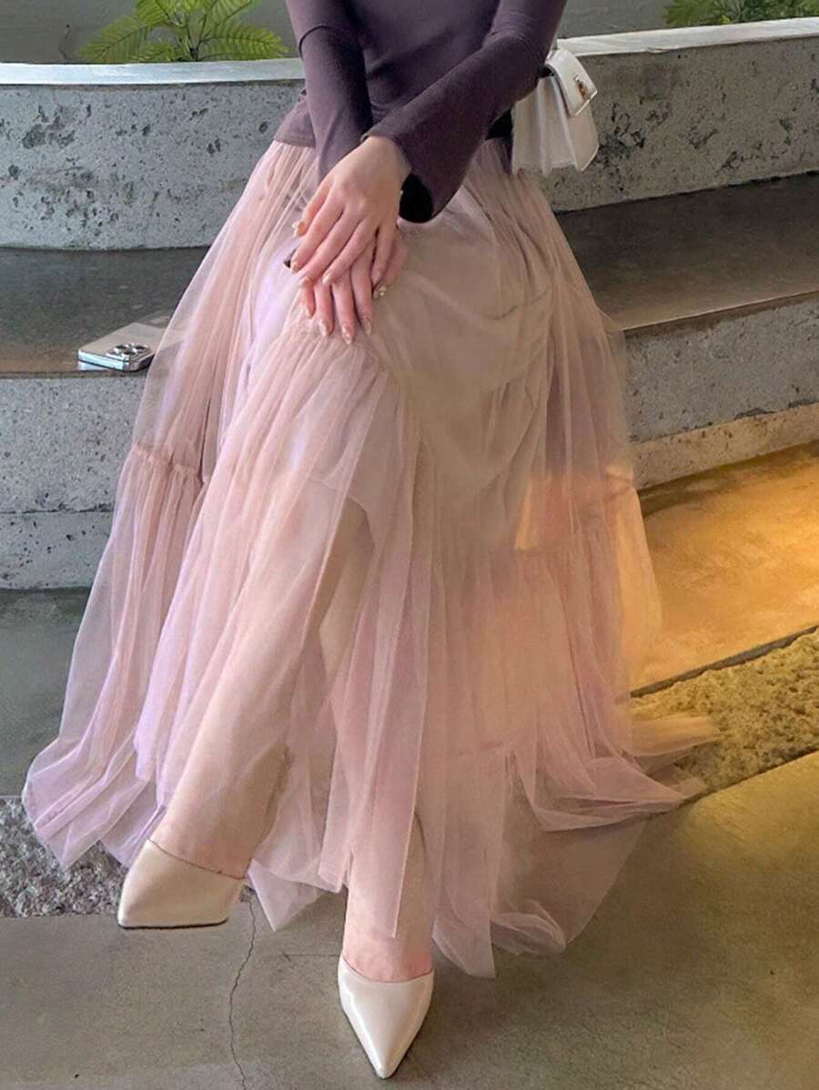 DAZY Solid Ruffle Hem Mesh Overlay Skirt | SHEIN USA
