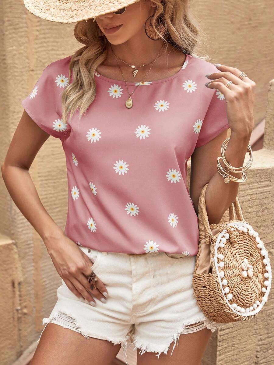 SHEIN LUNE Daisy Print Batwing Sleeve Blouse | SHEIN USA