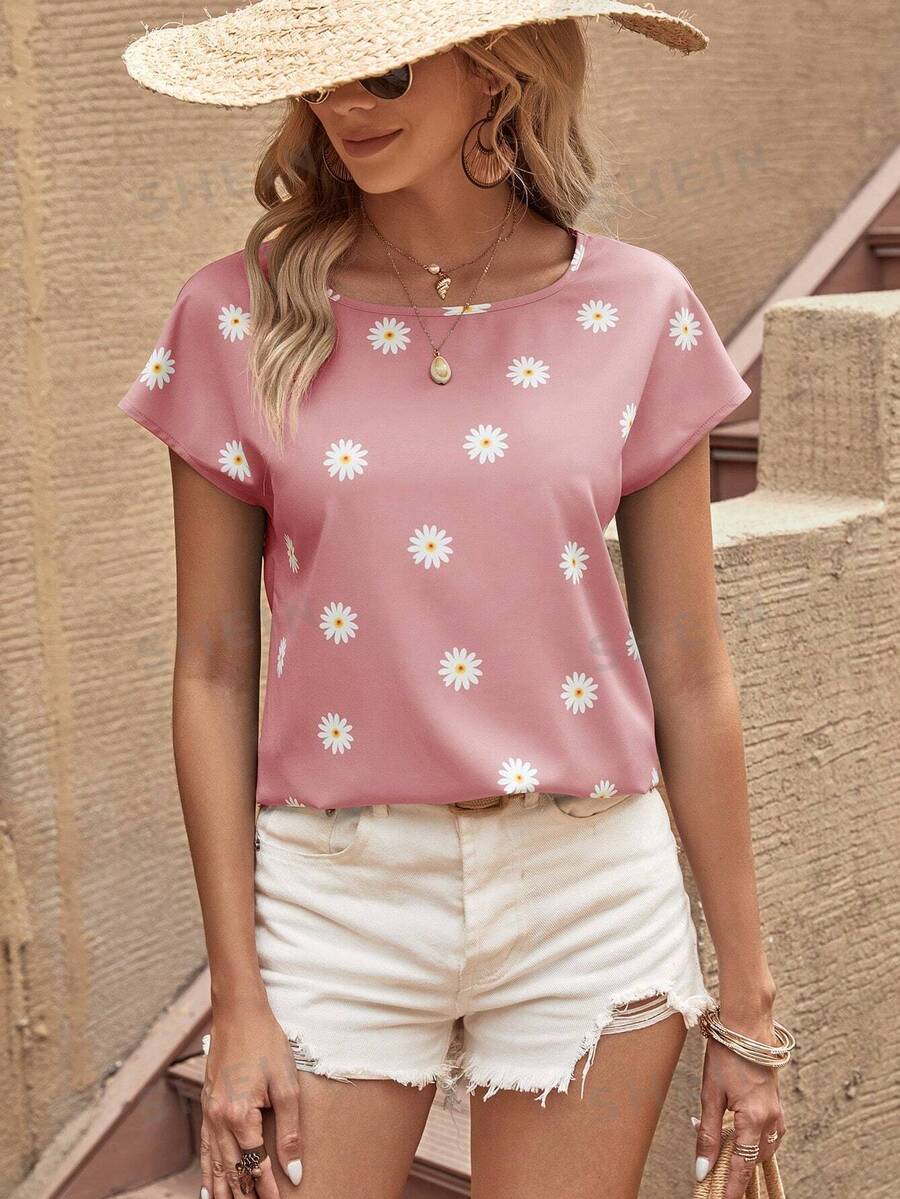 SHEIN LUNE Daisy Print Batwing Sleeve Blouse | SHEIN USA