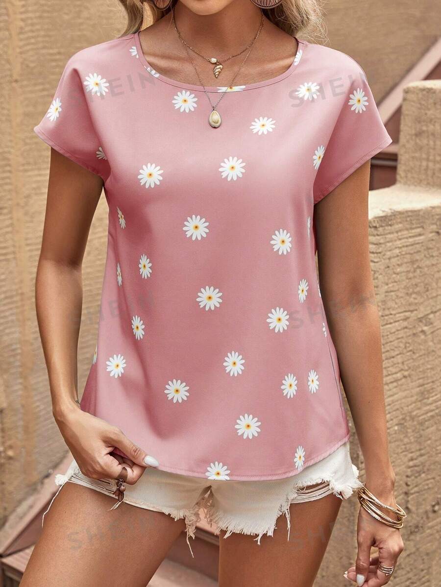 SHEIN LUNE Daisy Print Batwing Sleeve Blouse | SHEIN USA