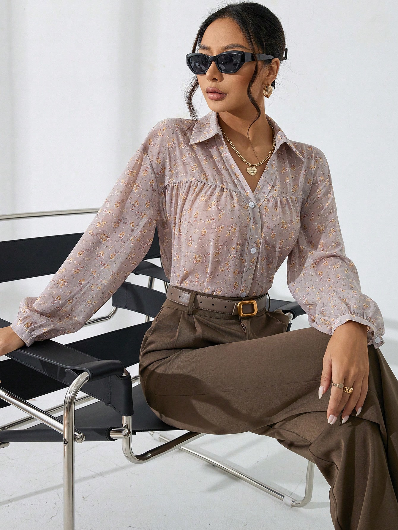 SHEIN LUNE Ditsy Floral Print Button Front Shirt | SHEIN USA