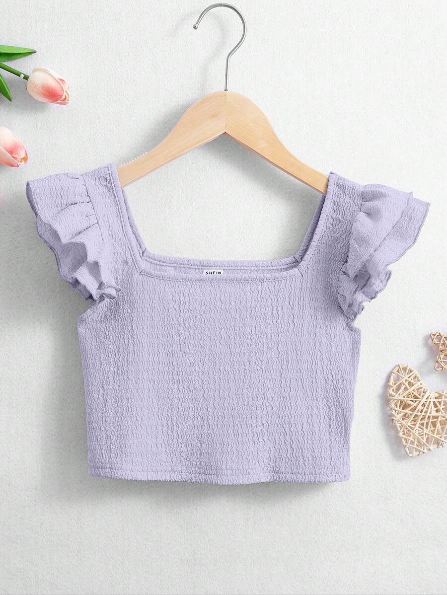 SHEIN Tween Girl Ruffle Trim Square Neck Butterfly Sleeve Crop Tee ...