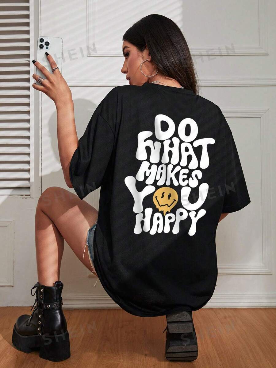 SHEIN EZwear Camiseta gráfica con diseño de dibujos animados y lema ...