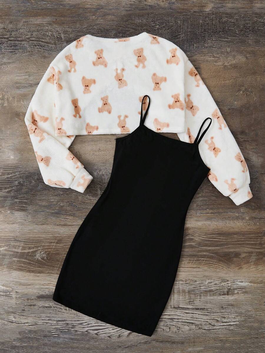 SHEIN Teen Girl 2pcs/Set Bear Plush Cropped Cami Dress And Fleece ...