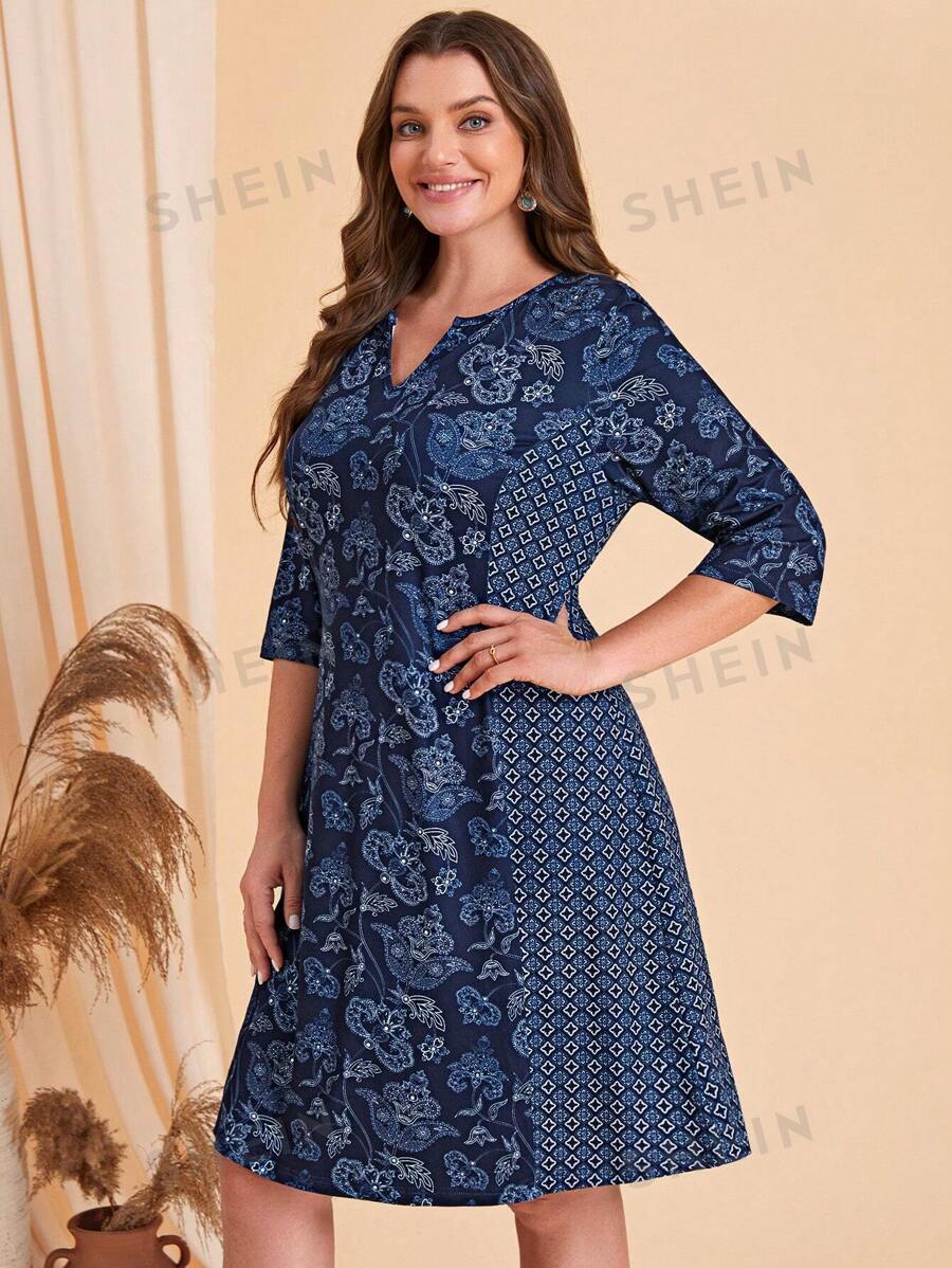 EMERY ROSE Plus Floral Print Notched Neckline Dress | SHEIN USA