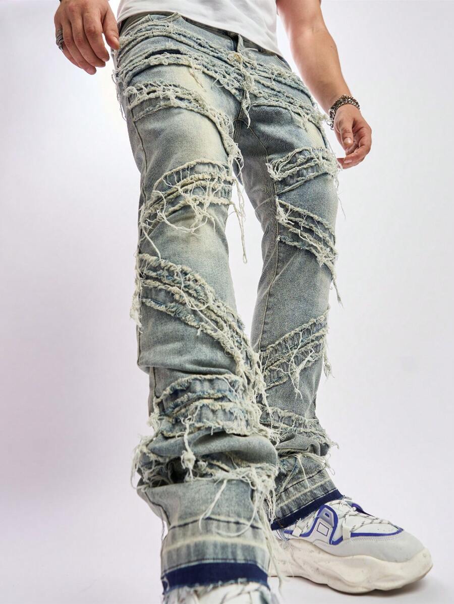 Manfinity StreetEZ Men Ripped Frayed Raw Hem Jean Straight Leg Long ...