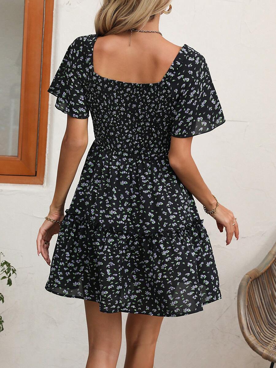Breezaya Ditsy Floral Print Scoop Neck Ruffle Hem Dress Vacation Beach Outfits Women | SHEIN USA